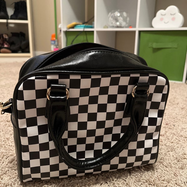 Checkered Purse, Black White Handbag, Checkered Shoulder Bag, Bowler ...