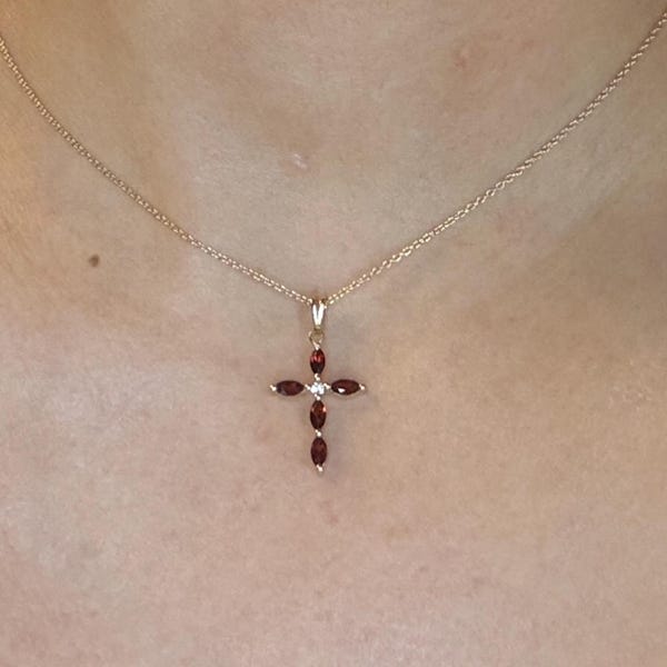 Ruby Cross Necklace / 14k Gold Genuine Ruby and Diamond Pendant / July ...