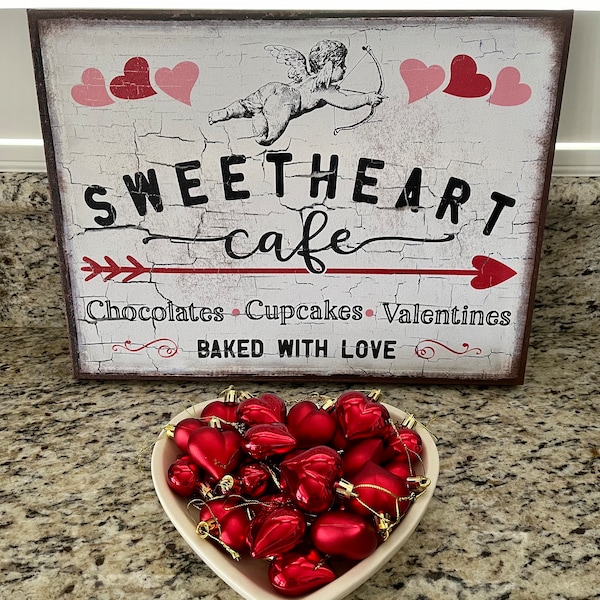 Sweetheart Cafe, Valentines Sign, Vintage Valentines Decor, Cupid Decor ...