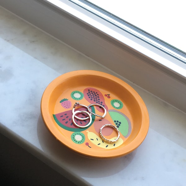 Retro Colorful Cocktail Trinket Dish, Hand Painted Clay Ring Dish, Bar ...