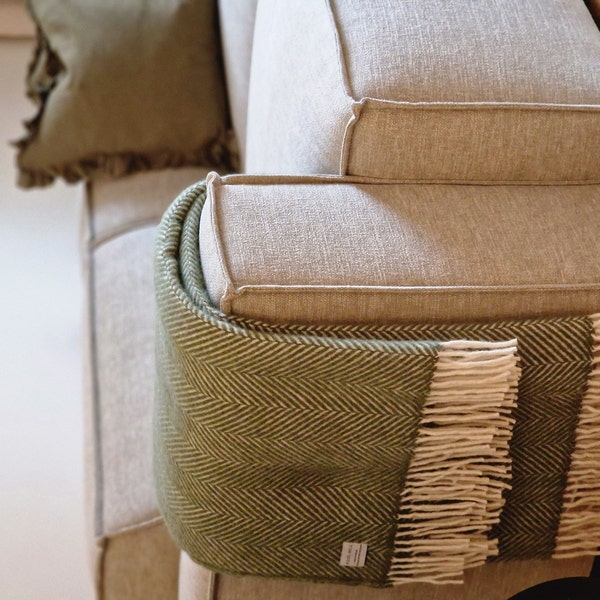 Olive Green Fishbone Pure New Wool Throw Navy British Blanket Made in ...