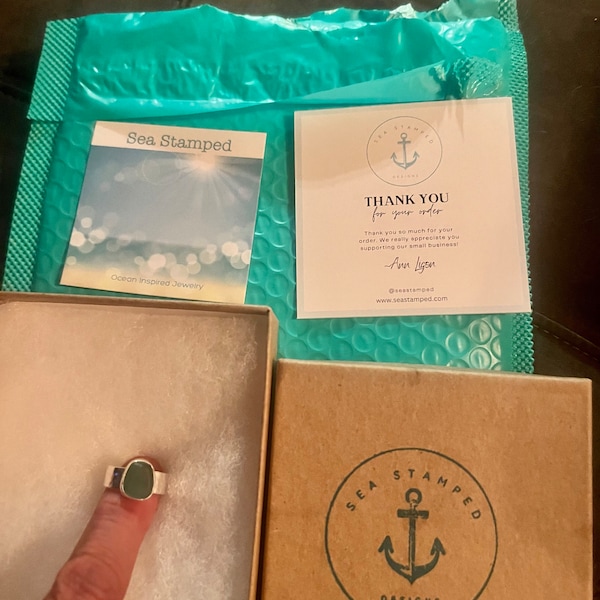 Teal Hammered Sea Glass Ring, Wide Band Sterling Silver Ring, Sea Glass Jewelry, Ocean Ring ...