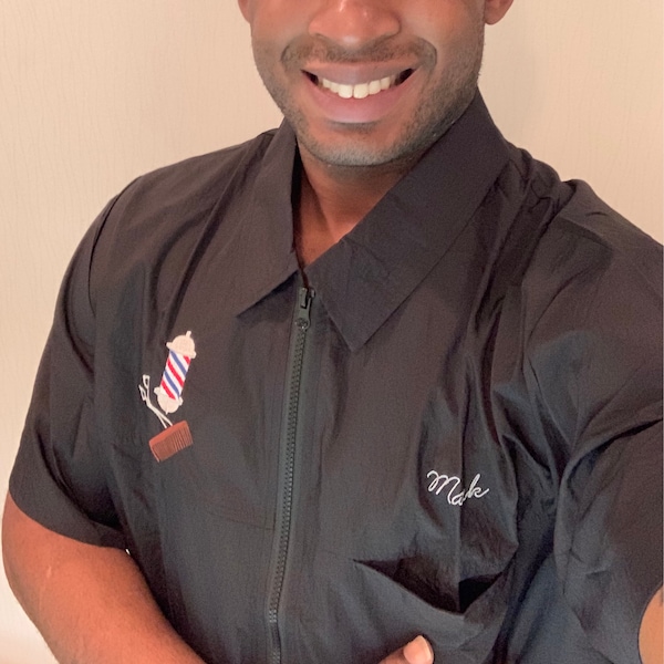 Classic Barber Jacket With Custom Name Logo Embroidery Barber Smock ...