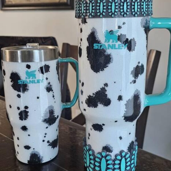 Custom 40oz Stanley Glittered Cow Print With Choice of Color Handle and ...