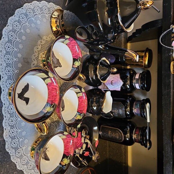 Gorgeous Black and Gold Tea Set With Black Rose Design, Bat, Cat, Crow ...