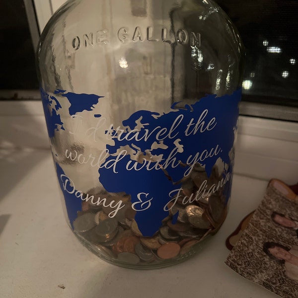 Our Adventure Fund ~ World Map Money Jar Travel Fund - 1 Gallon Glass ...