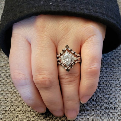 Salt and Pepper Crystal Ring 3pcs White Gold Moon Engagement Ring Black ...