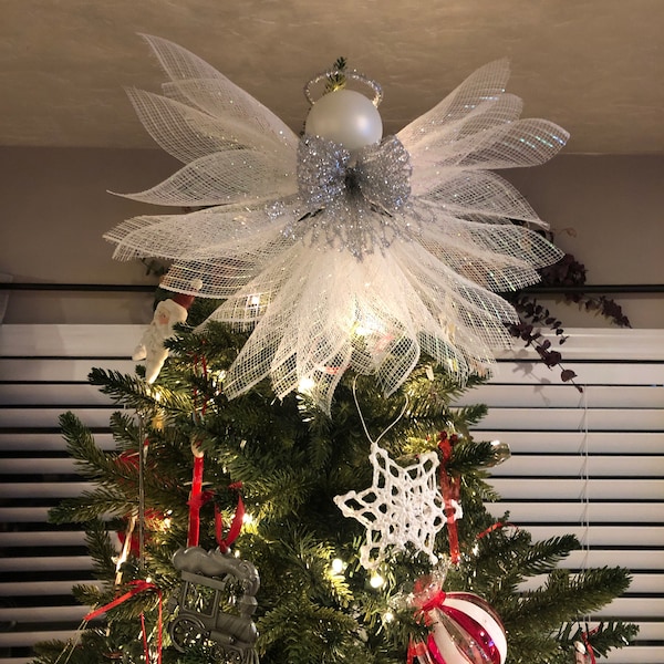 Deco Mesh Angel Tree Topper Ornament Silver Wreath Elegant Wreath ...