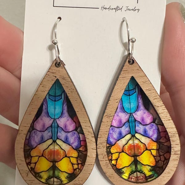 Mosaic Stained Glass Earrings // Teardrop // Wooden // Bright Colorful ...