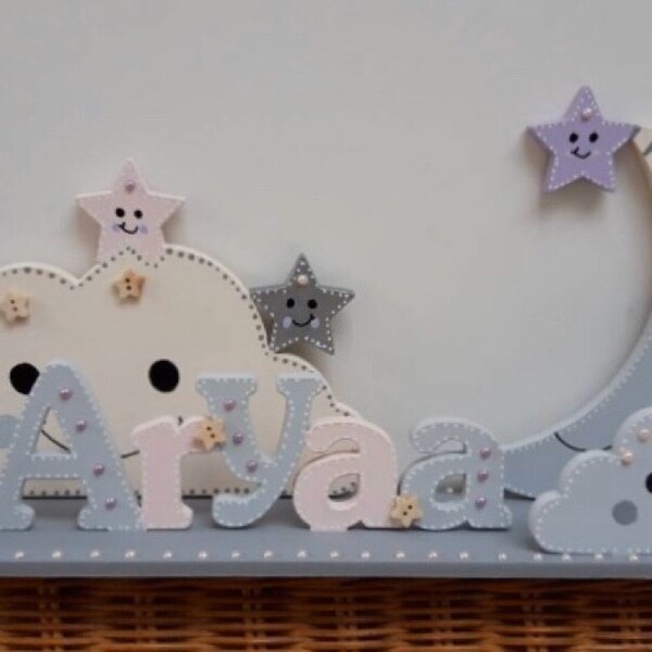 Moon and Star Nursery Decoration, Personalised Bedroom/ Nursery Sign ...