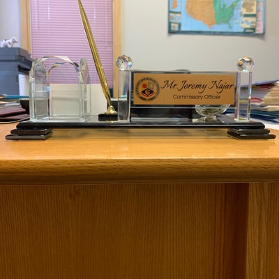 Custom Medical Doctor Desk Name Plate With Logo and Globe, Black Glass ...