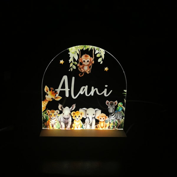 Personalised LED Animal Lamp, Kids Night Light Gift, Safari Jungle ...