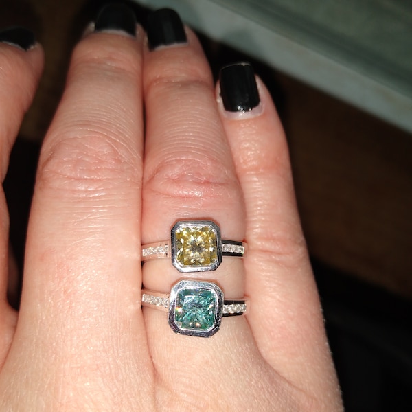1.50 CT Cushion Cut Cyan Blue Moissanite Ring, Bezel Set, Channel Pave ...