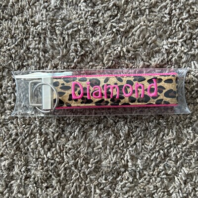 Leopard on Hot Pink Monogrammed Keychain Custom Embroidered Name Key ...