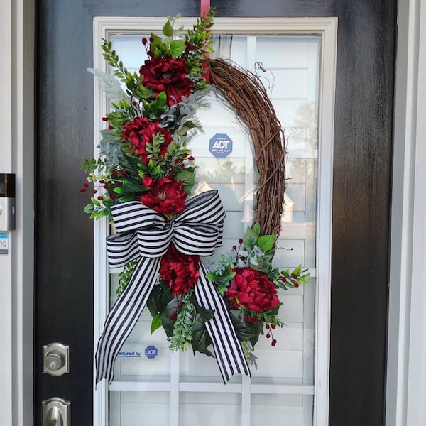 Large Rustic Wreath for Front Door, Oval Grapevine Wreath Red Flowers ...