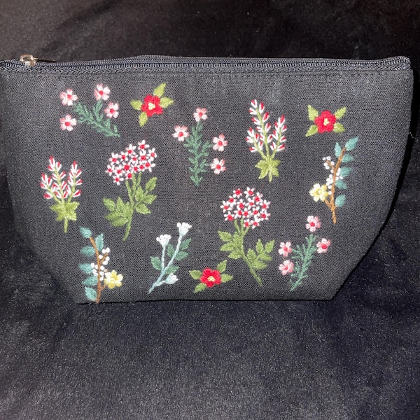 Hand Embroidered Makeup Bag With Flower Embroidery, Floral Cosmetic Bag ...