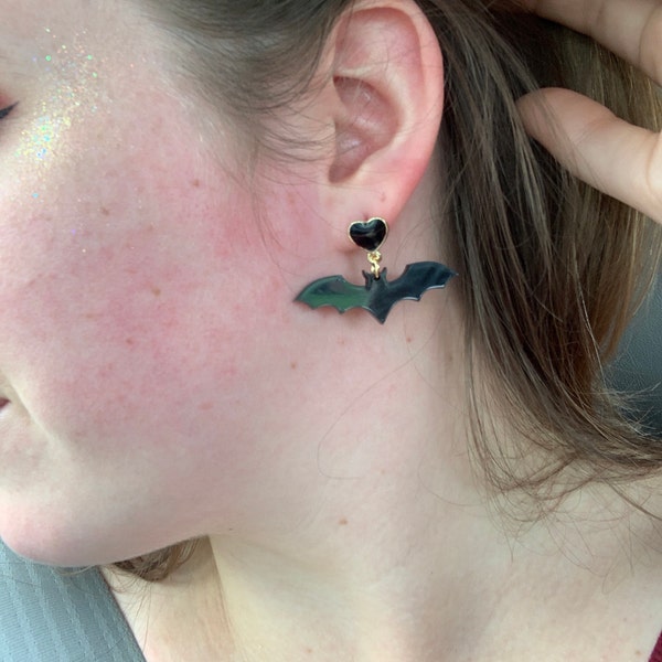 Black Enamel Heart Bat Earrings - Etsy