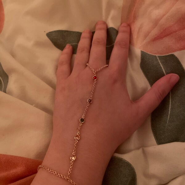 Dainty Gold Filled Beaded Hand Chain Bracelet, CZ Ring Hand Jewelry ...