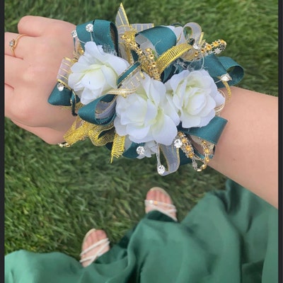 Dark Green, Gold and Cream SILK Flower Wristlet Corsage and Boutonniere ...