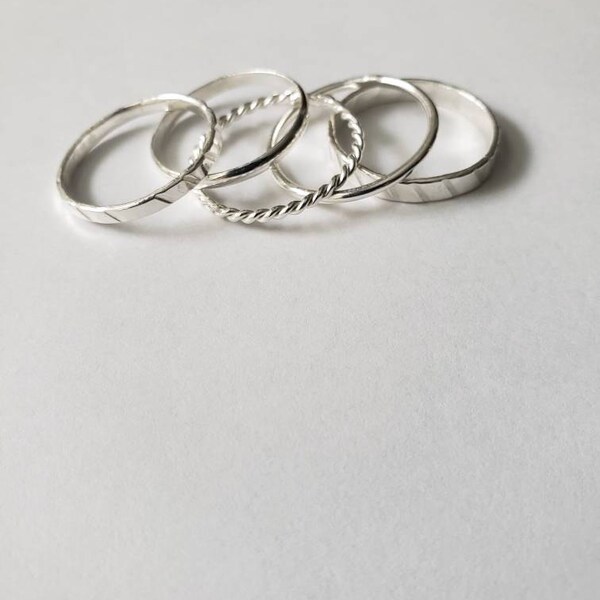 Set of 5 Sterling Silver Stacking Rings, Thin & Thick Rings, Dainty ...