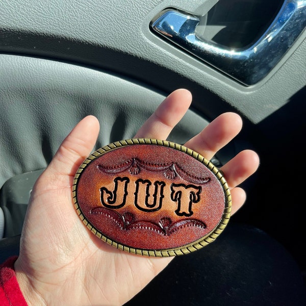 Large Custom Tooled Leather Belt Buckle, MADE to ORDER, Names or ...