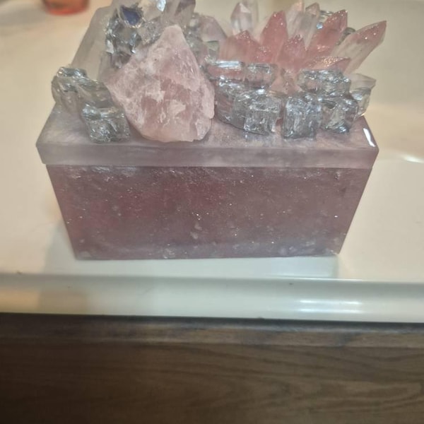 Rose Quartz Crystal Jewelry Box | Geode Marble Resin Pink Silver ...