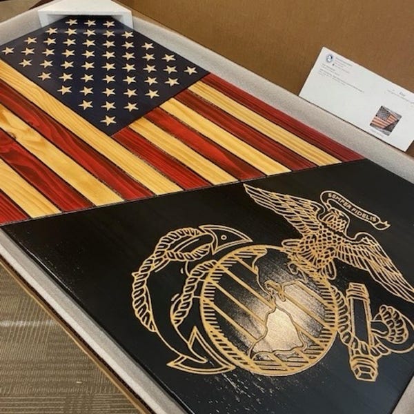 USMC Wooden Flag - Eagle Globe Anchor (licensed), Marine Corps, Charred ...