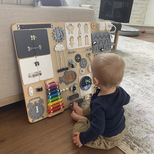 Trendy Gray Toddler Busy Board, Montessori Classroom Decor, Fidget Toy ...