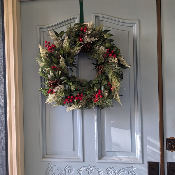 Traditional Christmas Wreath With Evergreens and Red Berries ...