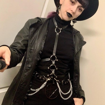 Gothic Harness Crop Top, Punk Fishnet Sleeve, Black Belted Chain ...
