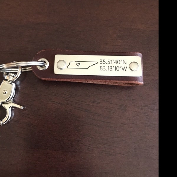 Personalized GPS Coordinate Keychain - Leather Latitude Longitude ...