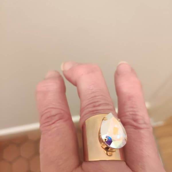 Aurora Borealis Swarovski Crystal Pear Shaped Gold Wide Band Ring, AB ...