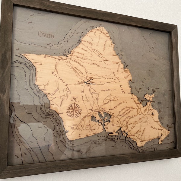 Oahu Wood Carved Topographic Depth Chart / Map Collection - Clock, Cork ...