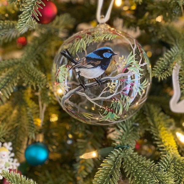 Blue Bird Christmas Tree Ornament Hand Painted Glass Green Pine Sphere ...