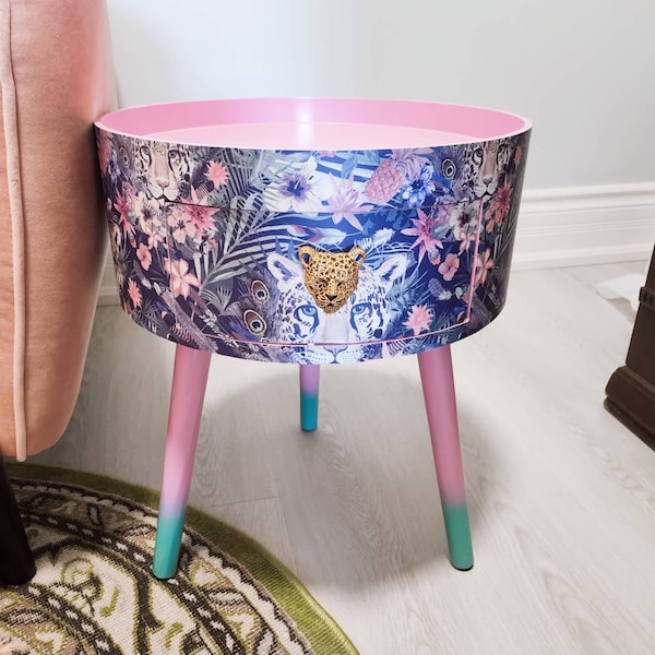 Pink Side Table, Mint Green Leopard and Floral Design. Wooden Side ...