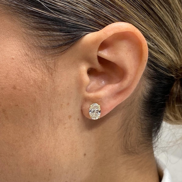 Oval Diamond Studs, 3ct Each Oval Lab Grown Diamond Stud Earrings, 14K/18K Solid Gold Everyday ...