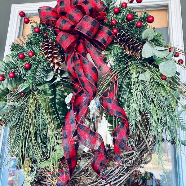 Buffalo Plaid Rustic Wreath, Buffalo Plaid Winter Wreath, Farmhouse ...