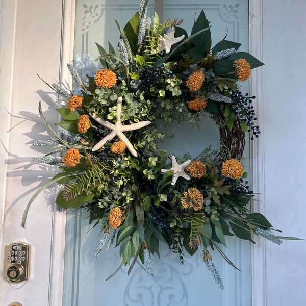 Shoreline Coastal Starfish and Seashell Wreath for Front Door, Beach ...