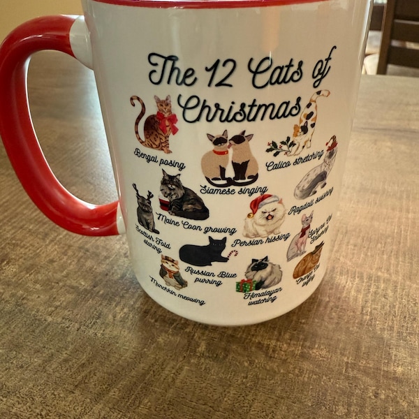12 Cats of Christmas Mug, Cute Holiday Cat Breeds Christmas Cat Puns ...