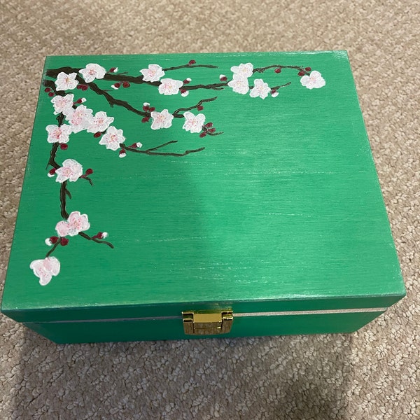 Wooden Box With Cherry Blossom, Hand-painted Flower Custom Chest ...