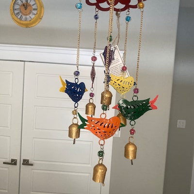 Carousel of Colorful Birds Wind Chime Wrought Iron, Hand Painted ...