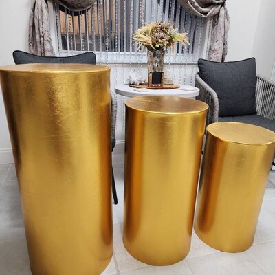 Set of 5 Metallic Silver Shiny Spandex Cylinder Covers, Plinth Display ...
