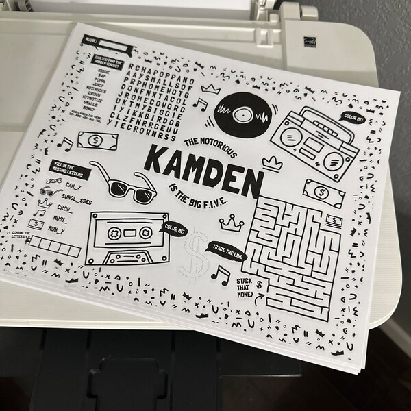 Notorious One Birthday Activity Placemat, Hip Hop Printable, Game Sheet ...