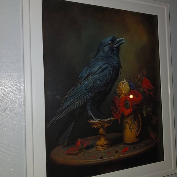 Black Raven Still Life Painting | Crow Perched With Florals, Black Bird ...