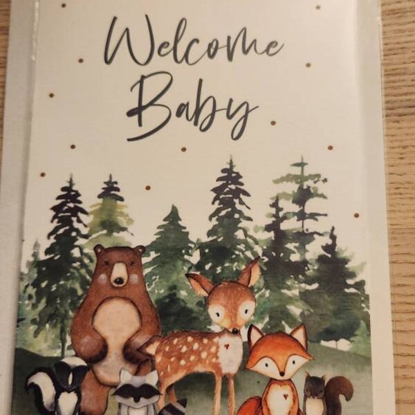 New Baby Card, Woodland Baby Card, Baby Shower Greeting Card, Woodland ...