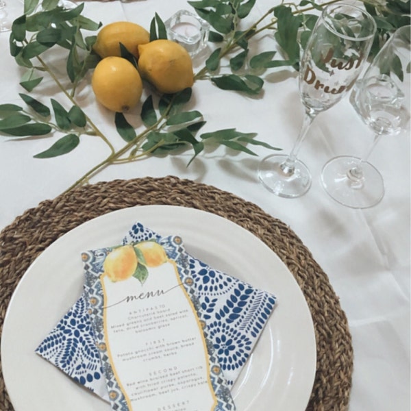 Printable Menu Template, Positano Blue Tile Lemons, Italian Almalfi ...