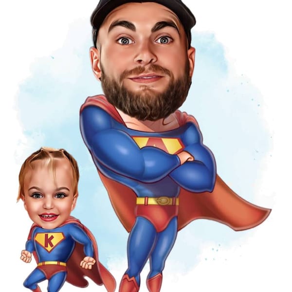 Custom Super Dad and Daughter Cartoon Portrait, Super Dad Portrait, Dad ...