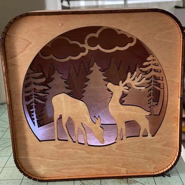 Wooden Night Lamp Deer Forest Scene Multilayer Shadowbox Laser Cut ...