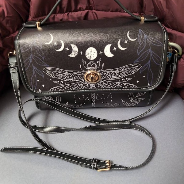 Witchcore Satchel Bag, Moon Vegan Leather Handbag, Dragonfly Crossbody ...