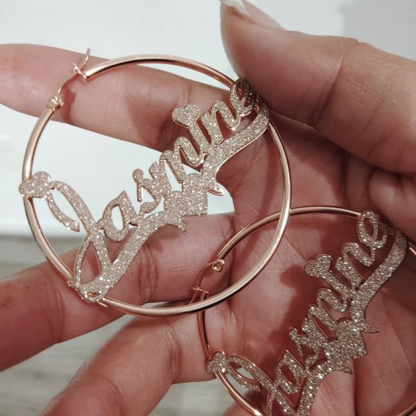 Custom Bling Name Hoop Earrings: Personalized Large Hoops, Gold Jewelry ...